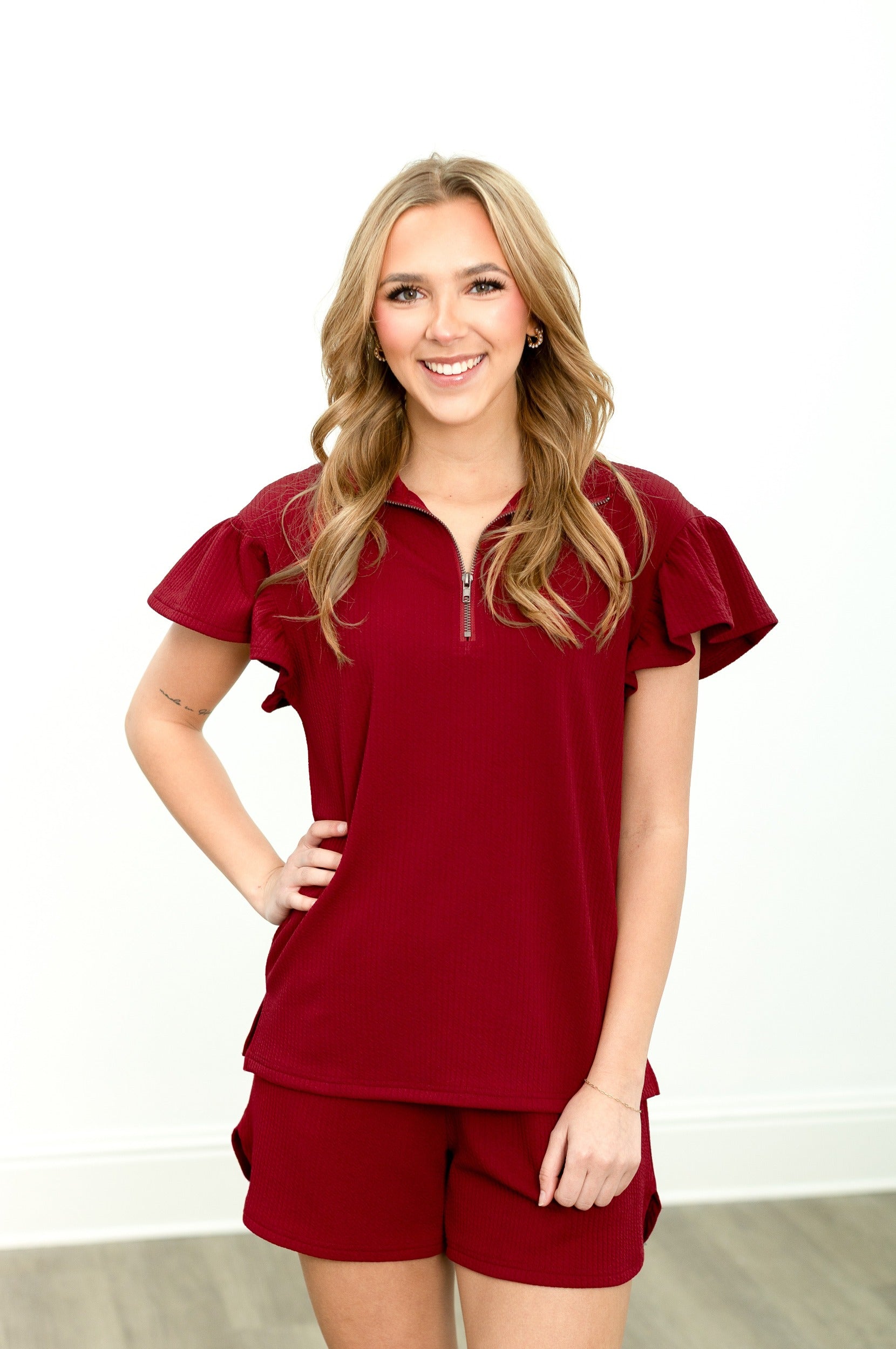 Maroon Quarter Zip with Flutter Sleeves – GRACE & EMMA® Wholesale ...