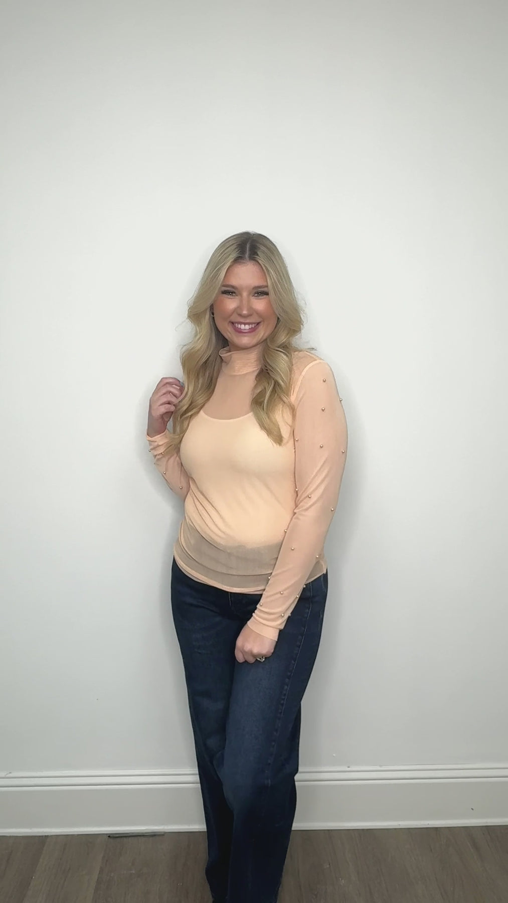 Mock Neck Mesh Top with Pearl Detail, Champagne – GRACE & EMMA ...