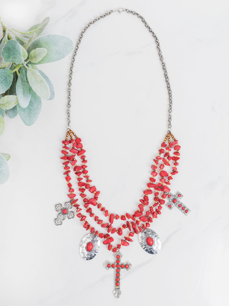 Tri-Strand Red Beaded Necklace with Silver & Copper Crosses – GRACE ...